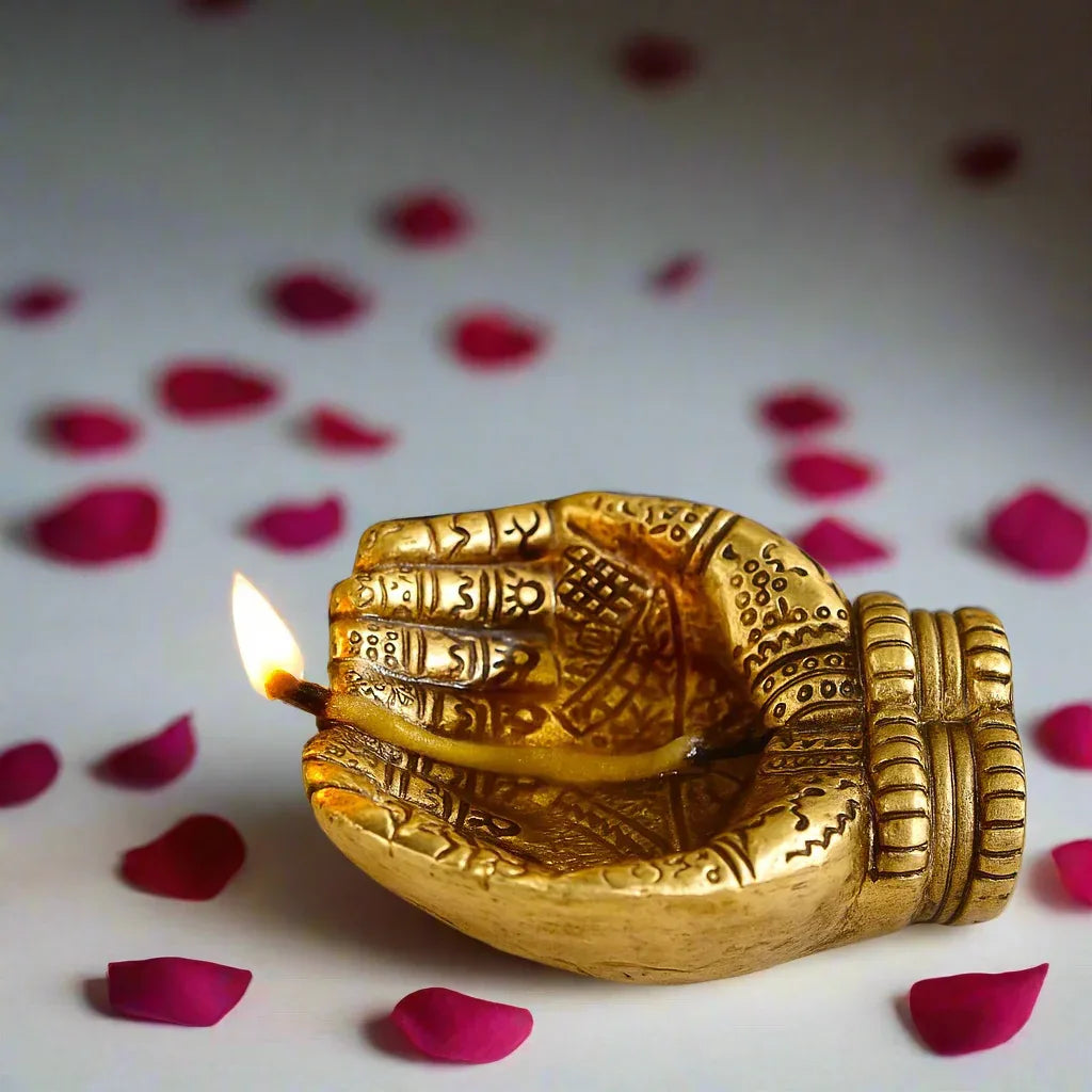 Brass Hand Shaped Oil Lamp – Handcrafted Palm Brass Diya for Pooja ...