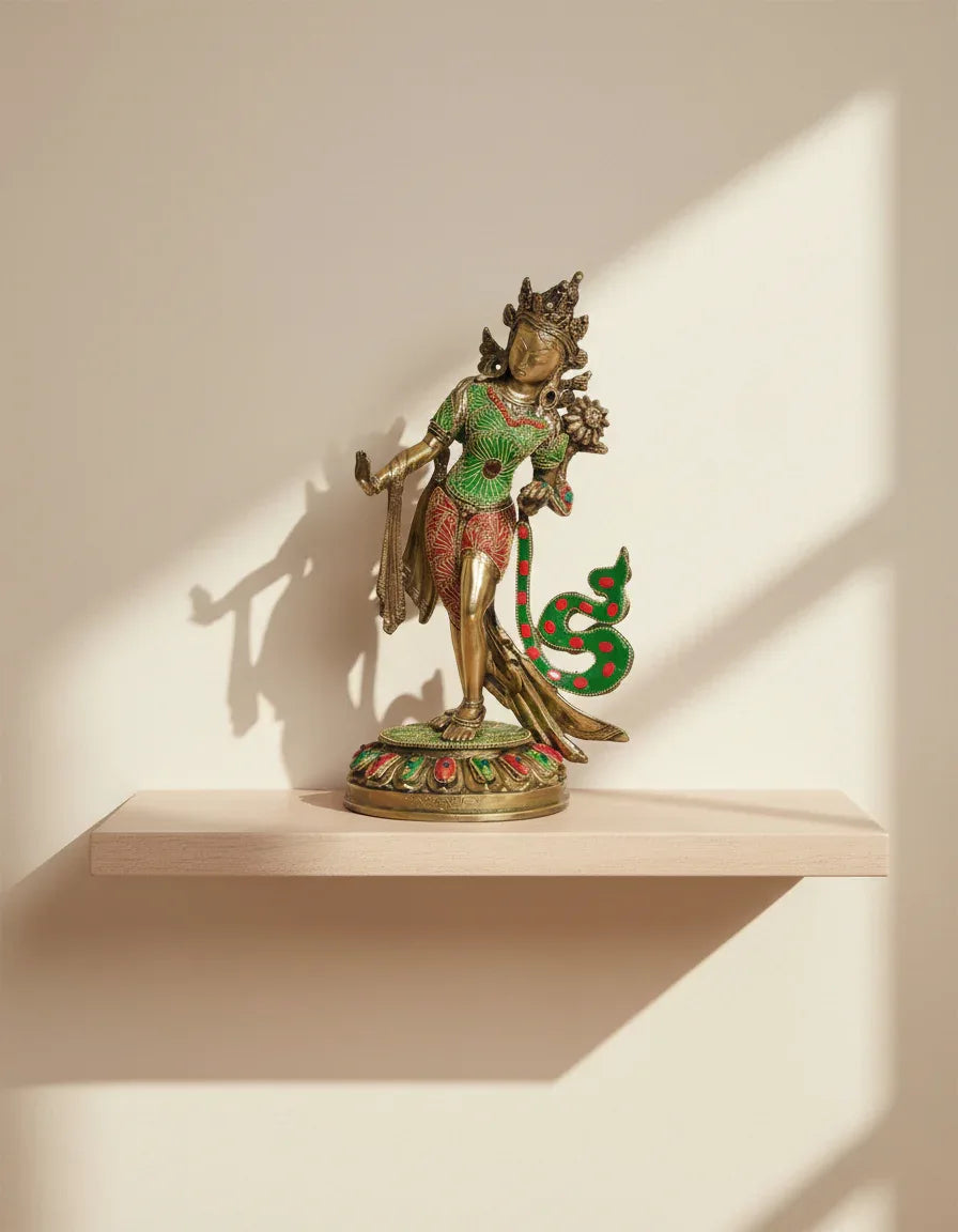 Brass Standing Tara Devi Statue – 15 Inch Enamel Work Buddhist Goddess ...