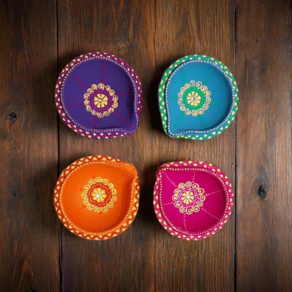 Buy Handcrafted Multicolor Terracotta Motif Work Double Layer 4 Diya ...
