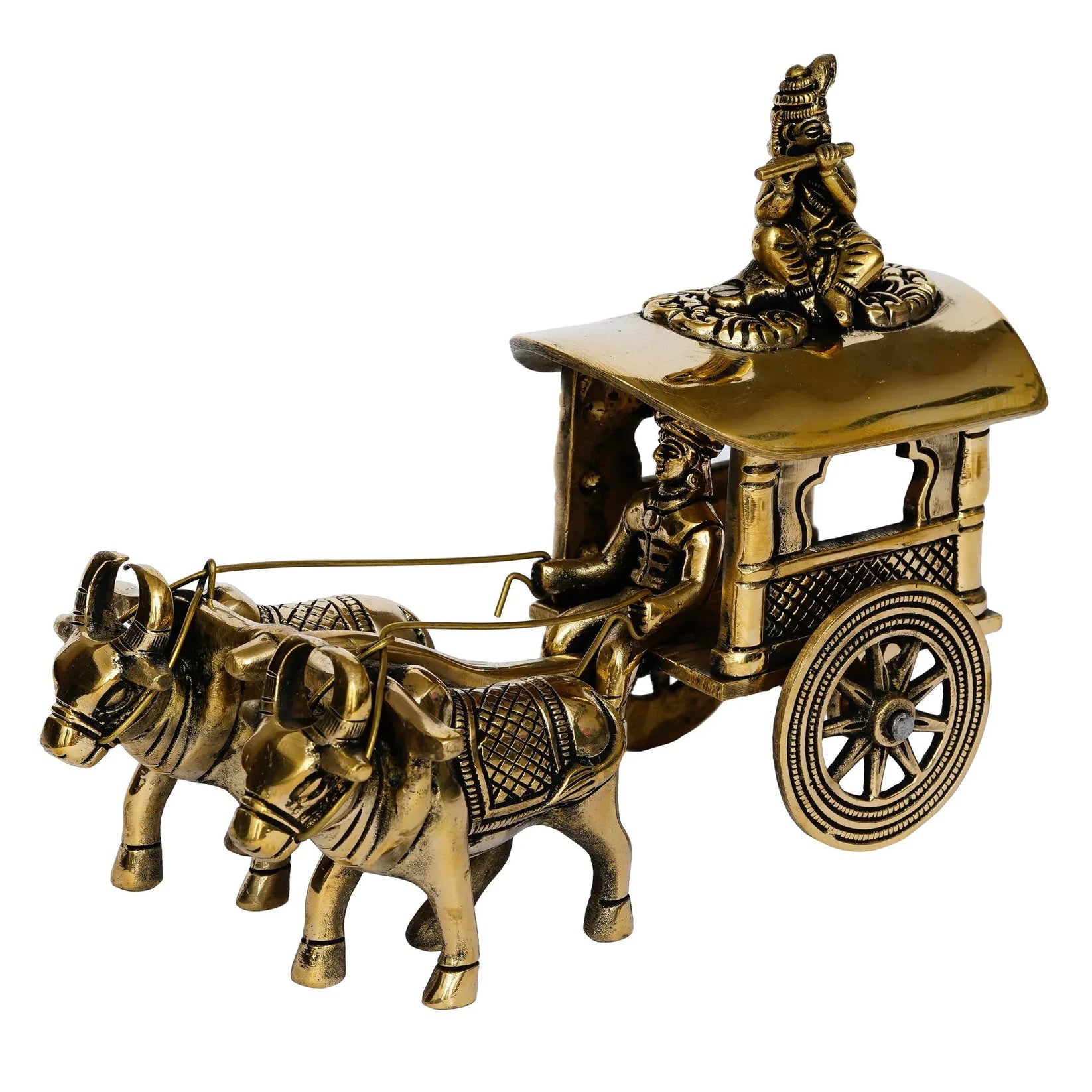 Golden Brass Lord Krishna Idol Sitting In Bullock Cart Showpiece ...